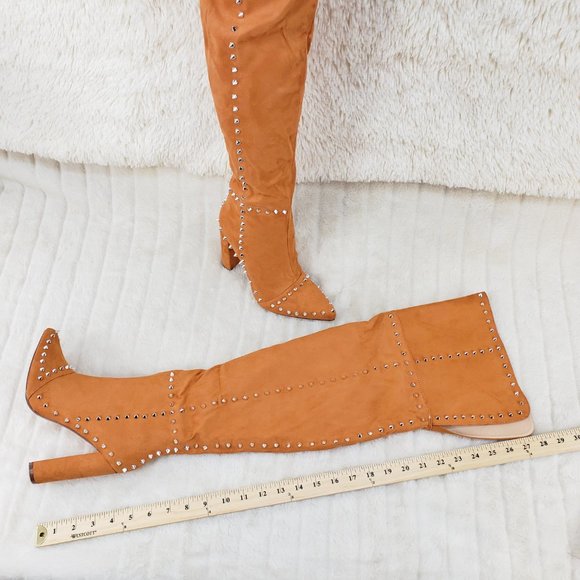 Pazzle | Shoes | Steph Camel Tan Suede Studded Chunky Heel Thigh High ...